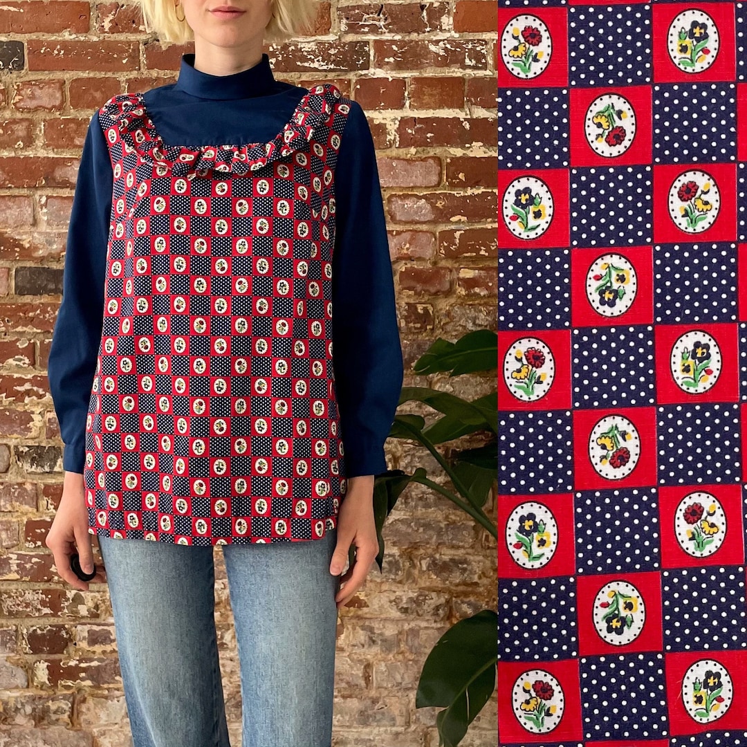 Vintage 1970s Checkered Floral Print Smock Top 70s Navy Blue Red Floral ...