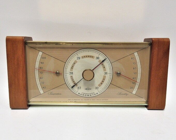 Vintage Swift & Anderson Barometer, Mcm Brass and Wood Weather Station ...