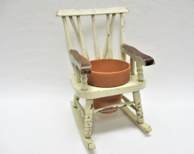 Vintage Chippy Wooden Rocking Chair Planter, Beige & Brown Wood Rocker ...