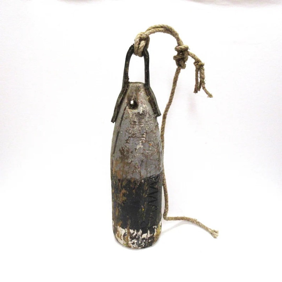 Vintage Authentic Wooden Buoy, Blue & Black Chippy Painted Wood Floater ...