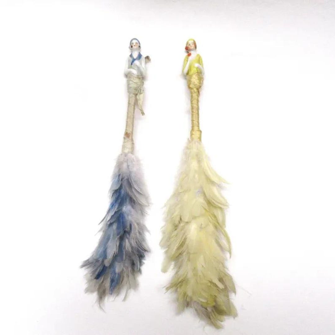 2 Vintage Half Doll Feather Dusters, Antique 1920s Porcelain Flapper ...