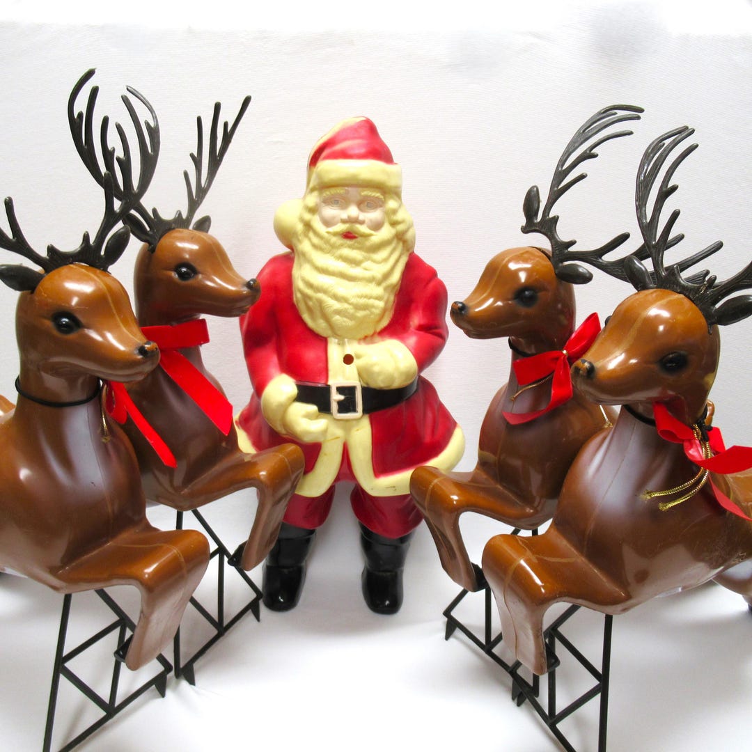 Vintage 1950s Poloron Celluloid Santa & 4 Reindeer, Mid Century Hard ...