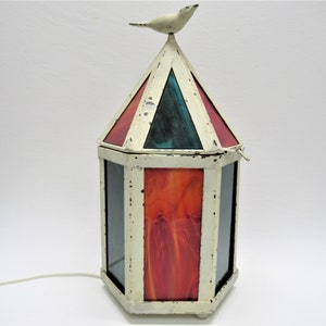 Vintage Stained Glass & Metal Patio Light With Chippy Bird on Top, Red ...