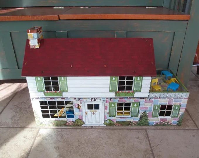 Vintage 1950s Marx Metal Colonial Dollhouse, Litho Tin Toy Red Roof ...