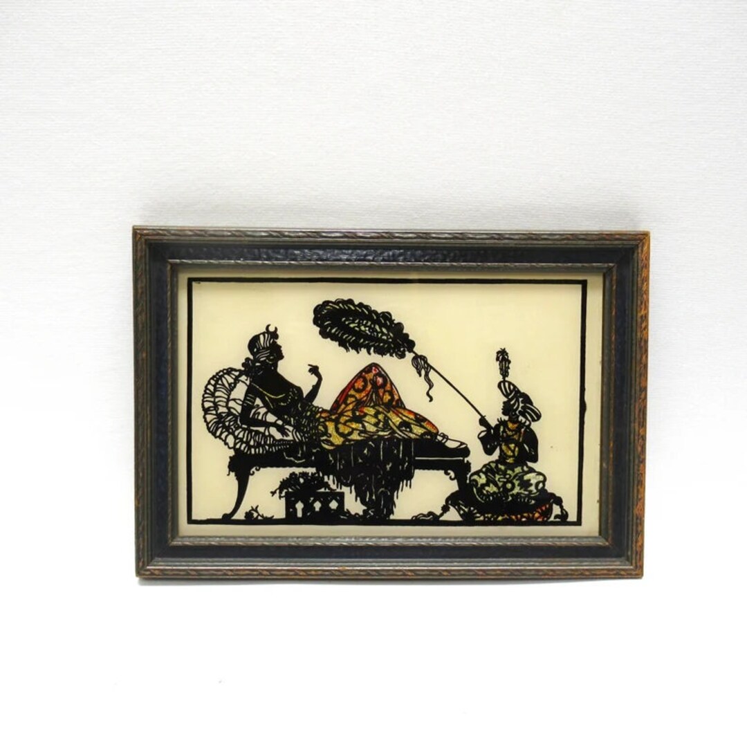 Vintage Reverse Paint Foil Art of Woman on Fainting Couch Being Fanned ...