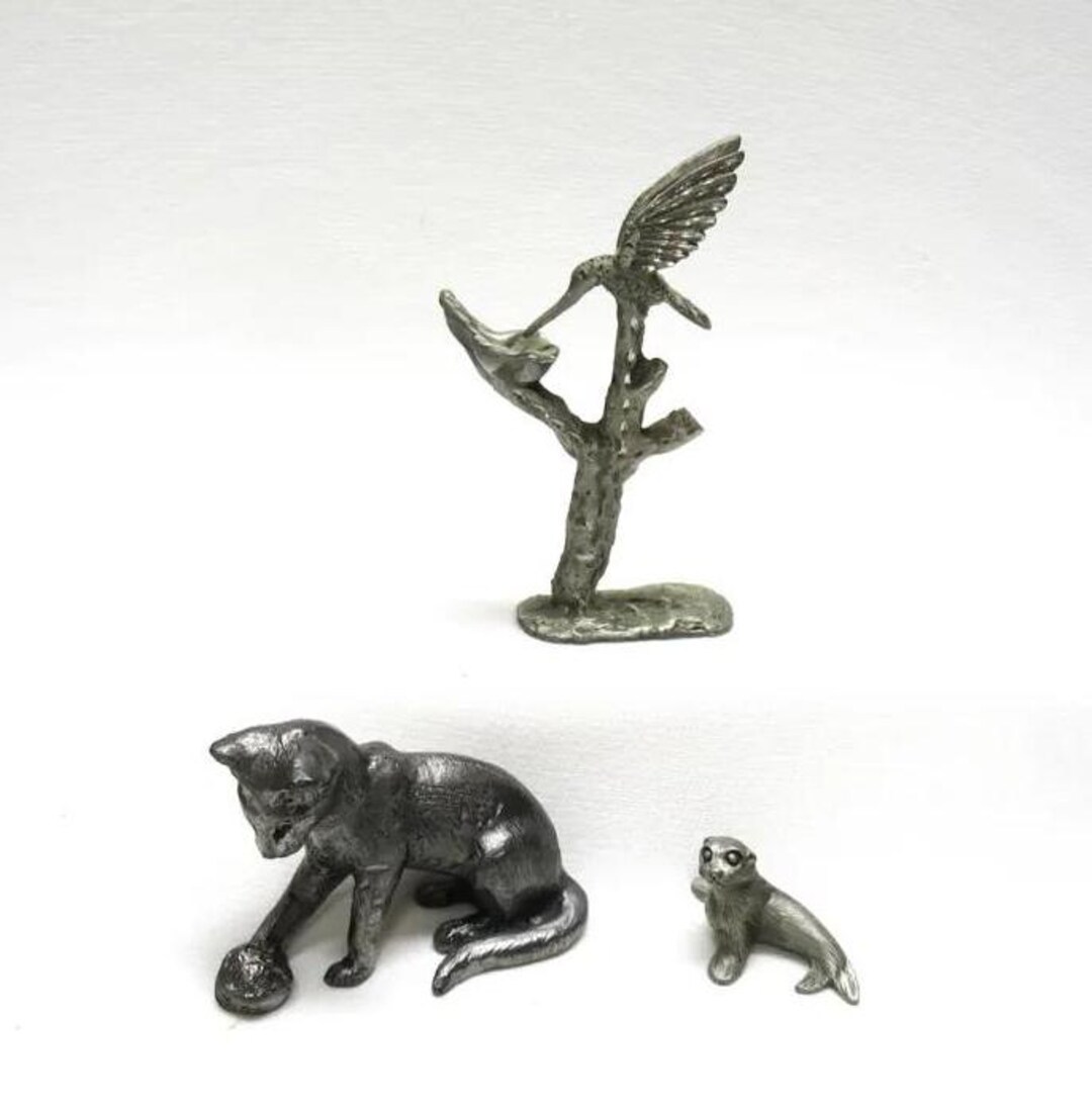 Lot 3 Vintage Pewter Figurines; Spoontiques Hummingbird, Cat W/ Ball ...