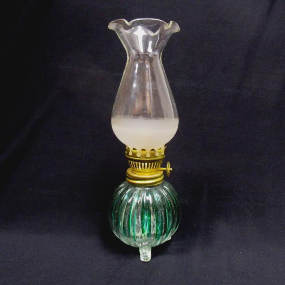 Vintage Enesco Green Ribbed Glass Oil Lamp, 1960s Made Japan, Small ...