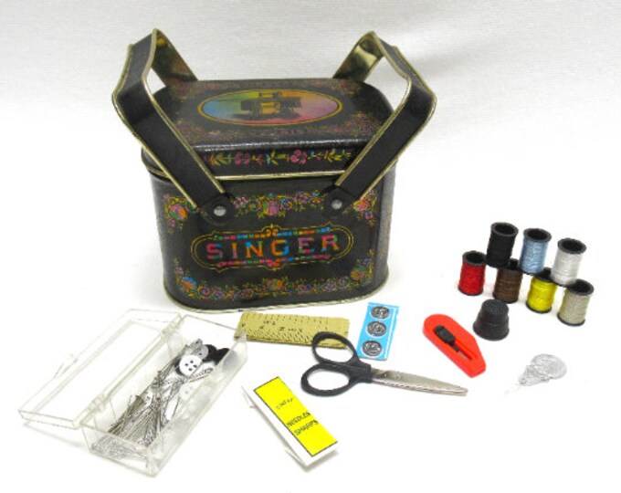 Vintage Tin Singer Sewing Kit With Lid, Handles and a Few Notions ...