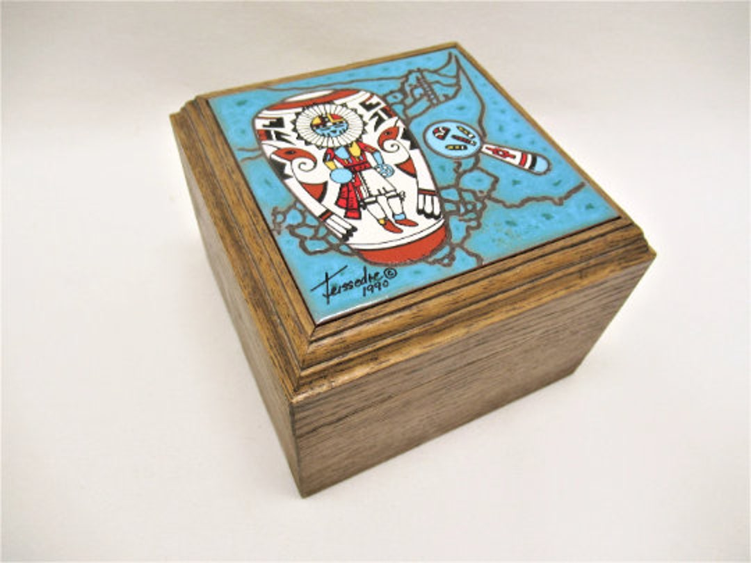 Vintage Cleo Teissedre Tile on Hinged Oak Box, 1990 Southwest Urn ...