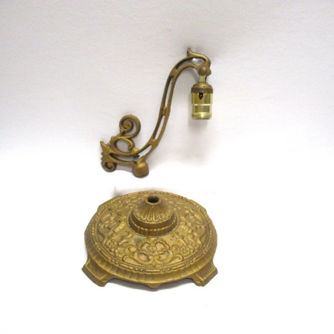 Antique Cast Iron Lamp Base and Top Fixture, Ornate Gold Round Floor ...