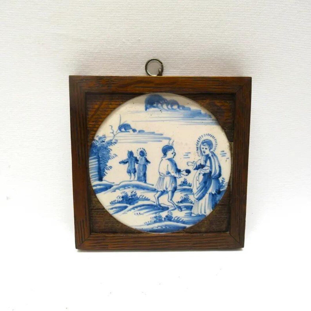 Vintage 18th Century Delft Framed Tile, Religious Matthew 4: 1-11 ...