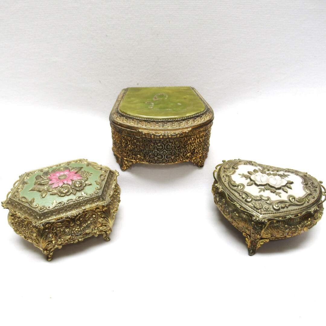 3 Vintage Metal Jewelry Boxes, JAPAN Footed Gold Tone W/enamel Painted ...