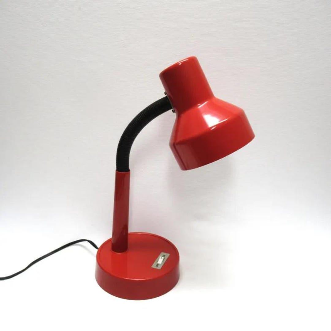 Vintage Light Red Metal Gooseneck Desk Lamp on Plastic Round Base ...
