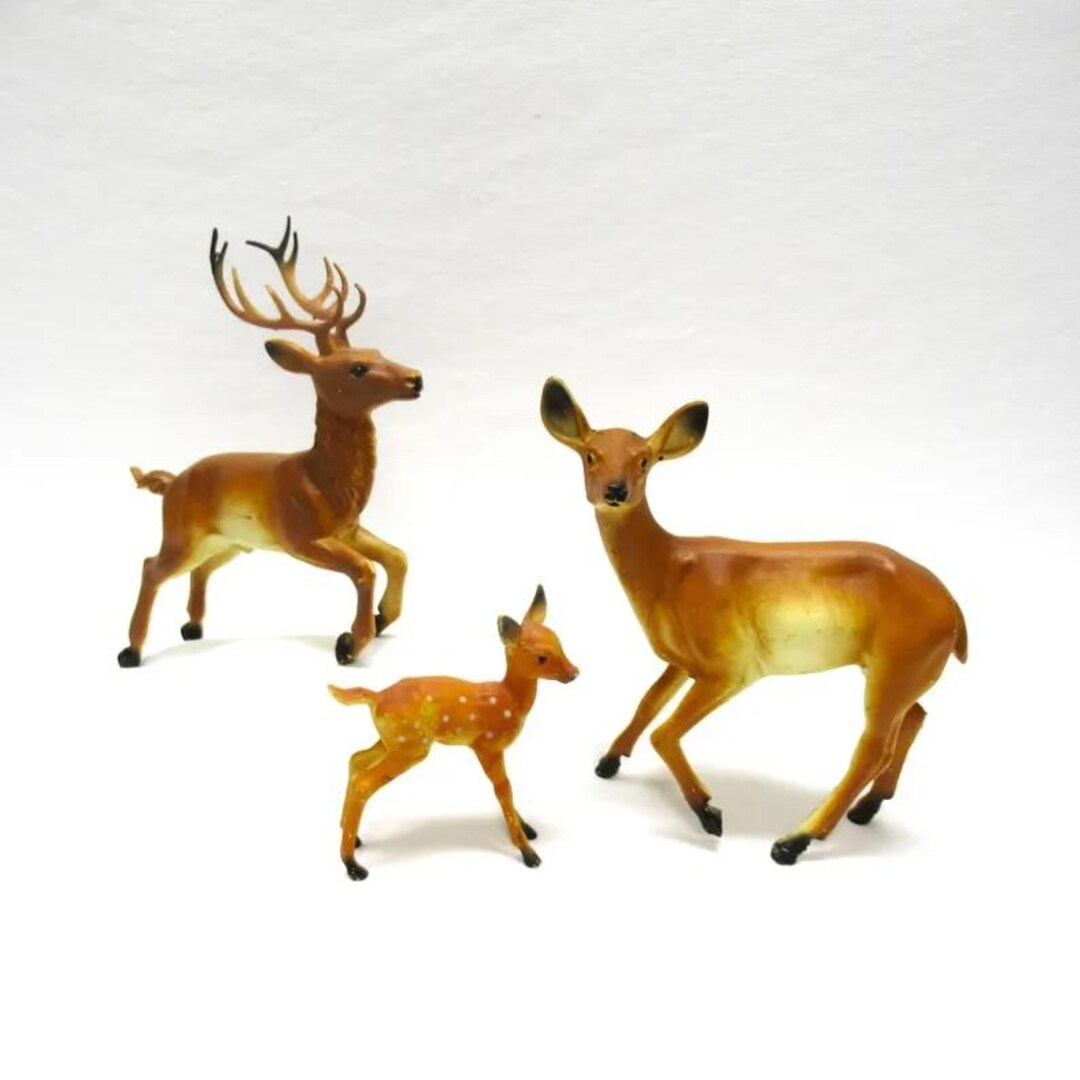 Vintage Deer Family, Hard Plastic Buck, Doe & Fawn Molded Buck Reindeer ...