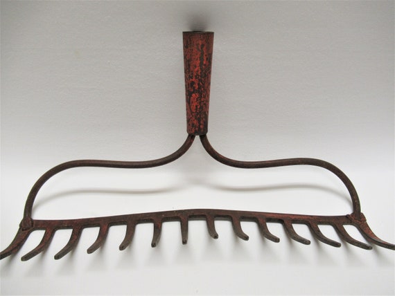 Vintage Iron Rake Head Chippy Orange Primitive with 14 Tines | Etsy