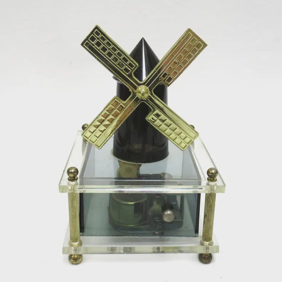 Vintage Spinning Windmill Music Box, Lucite & Brass Base Made Hong Kong ...