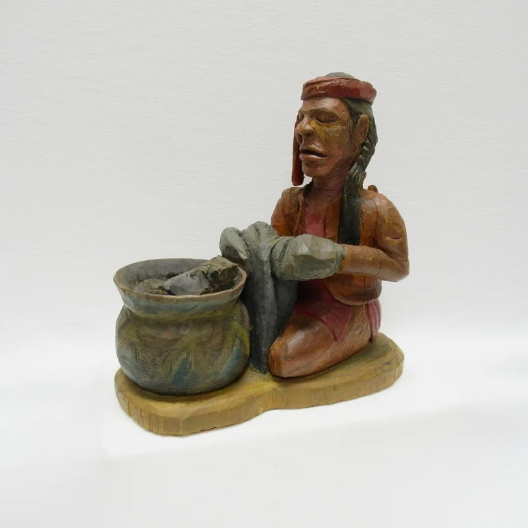 Vintage Carved Indian Sitting by Large Pot, 1980s Native American Woman ...