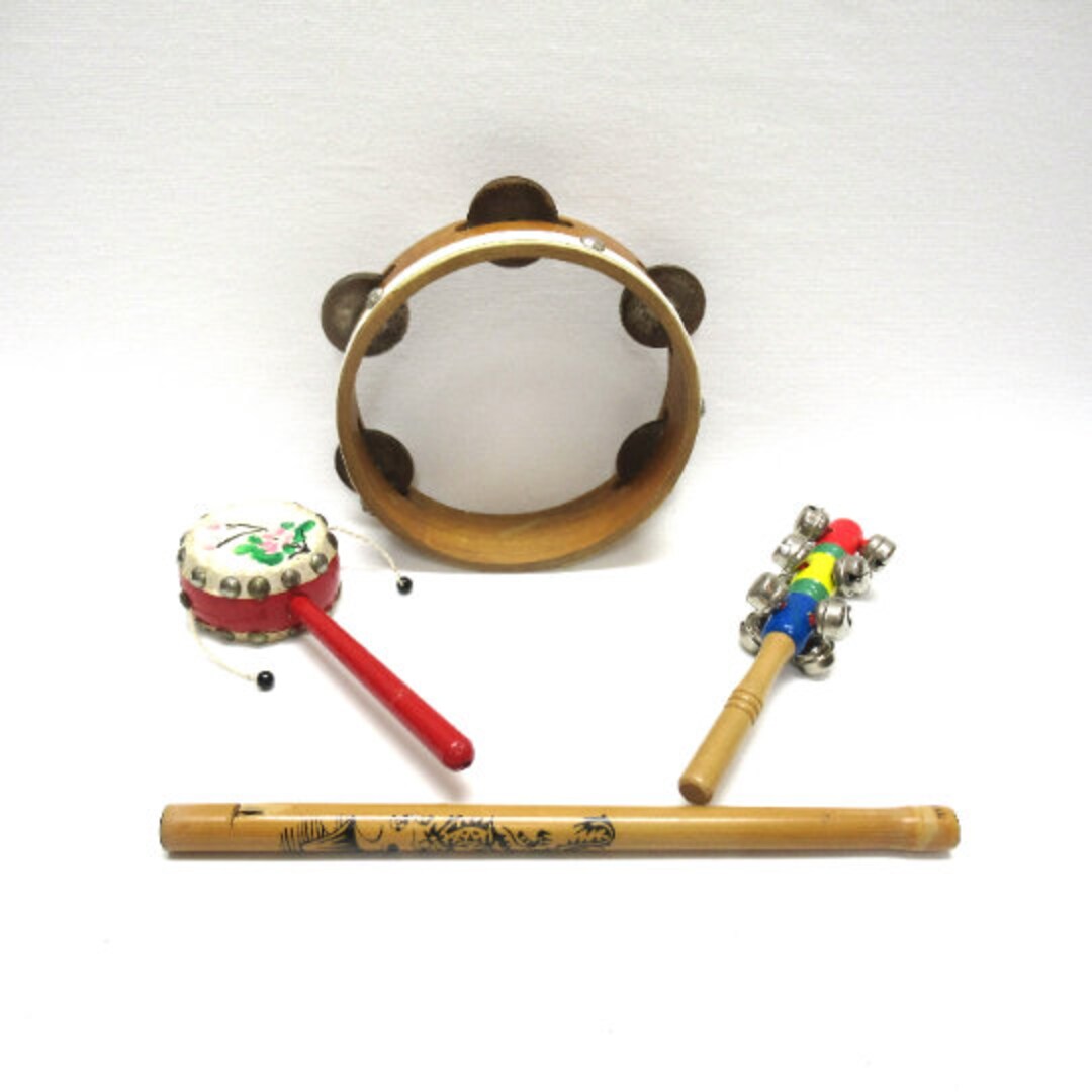 4pc Vintage Lot Kids Musical Instruments Small Tambourine, Swizzle Drum ...