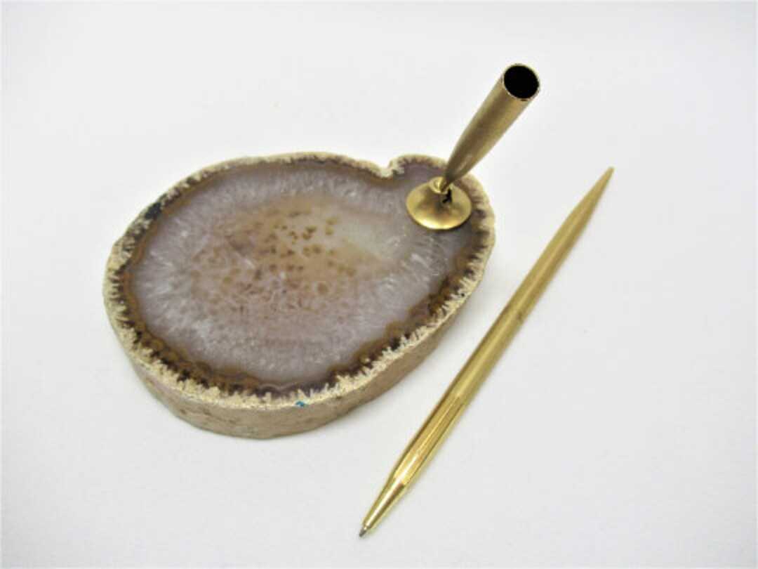 Vintage Sliced Stone Pen Holder, Natural Agate Slice Paperweight, Retro ...