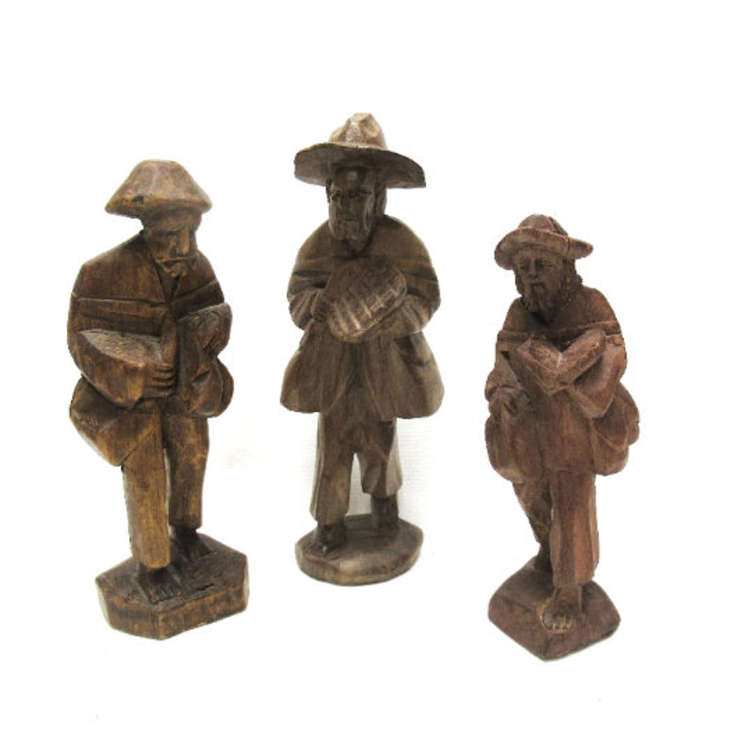 TRIO of Vintage Hand Carved Wood Beggar Men, Wooden Barefoot Traveling ...