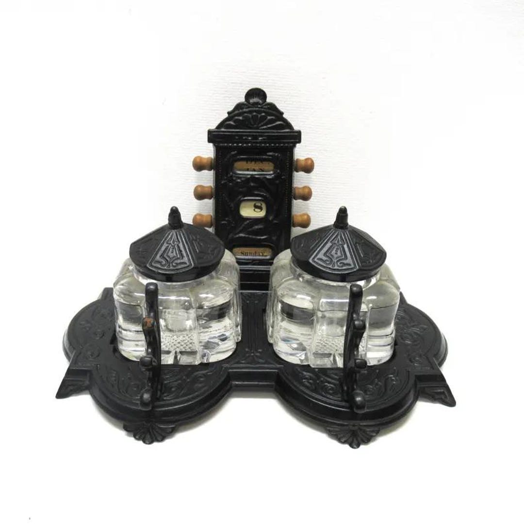 Antique Perpetual Desk Calendar & Double Ink Wells, Cast Iron and Heavy ...