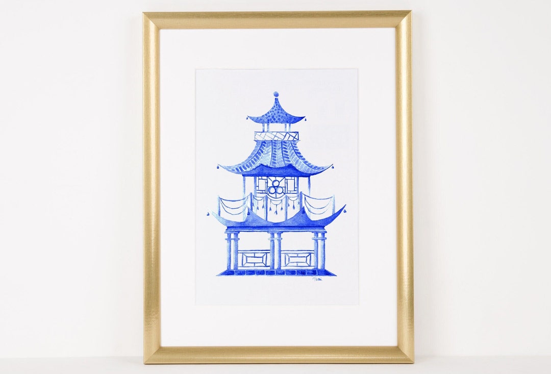 Blue Pagoda, Hand Painted Watercolor, Digital File Only, Personal and ...