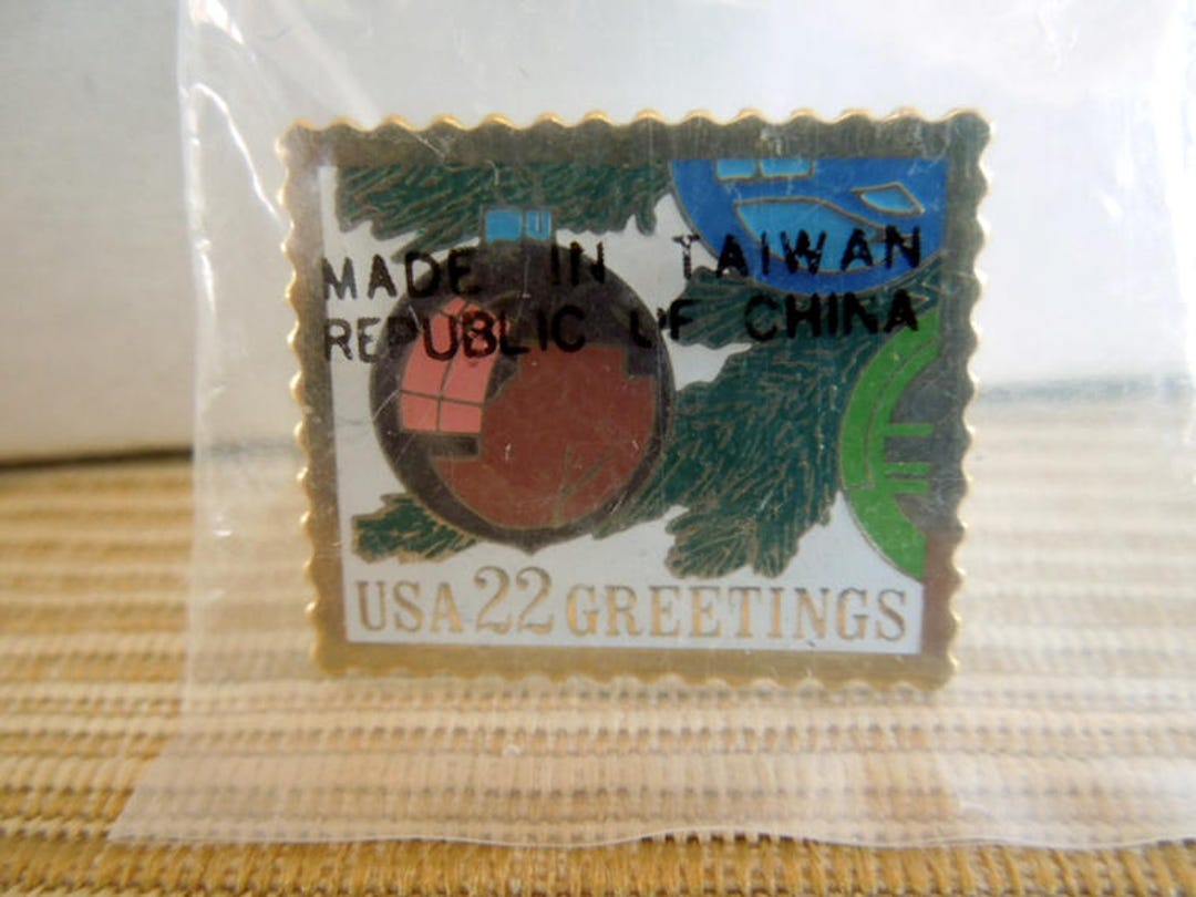 Vintage Postage Stamp 22 Cent Greetings Hat, Vest, Lapel Metal Pinback ...