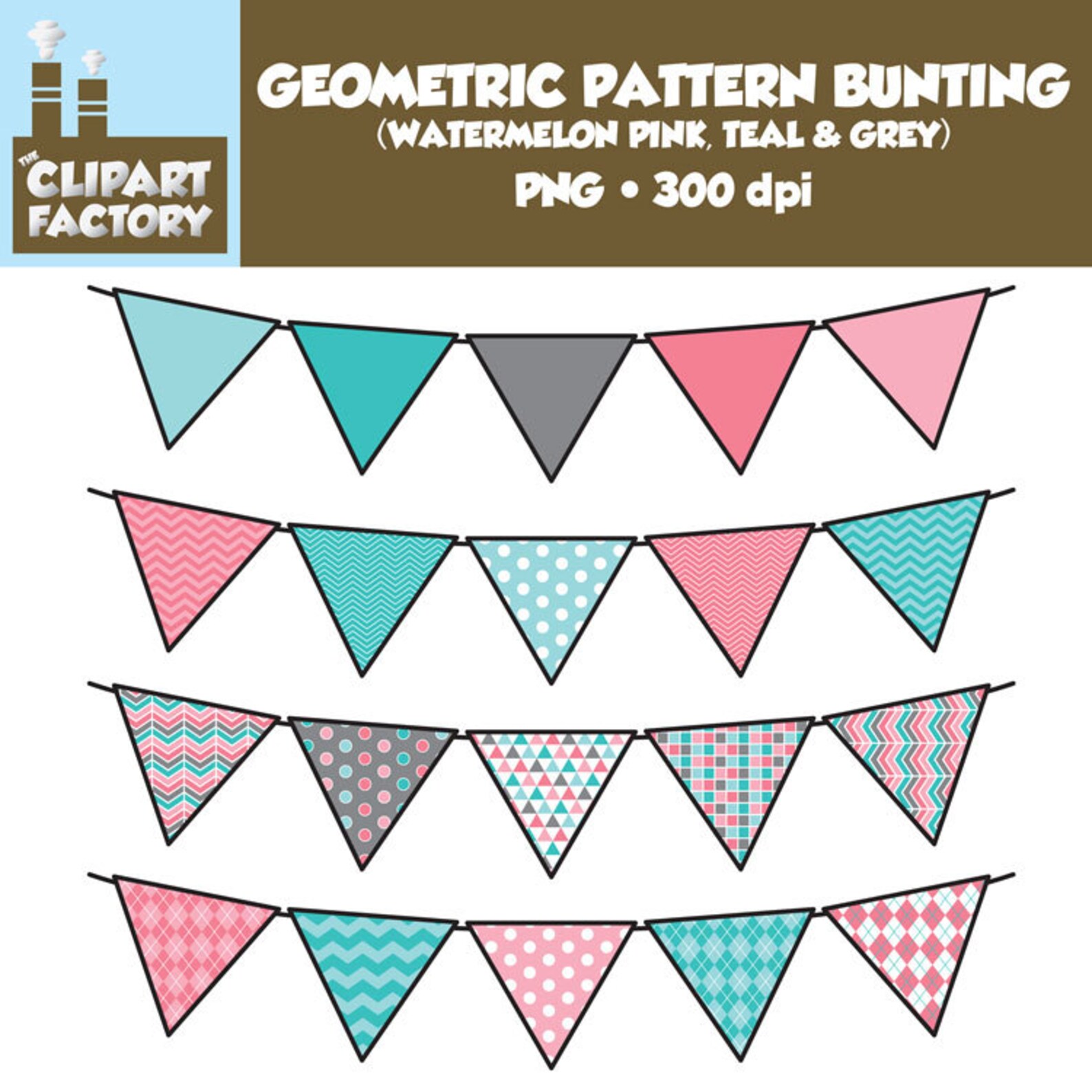 Clip Art: Geometric Pattern Bunting - 10 Fun Watermelon Pink, Teal ...