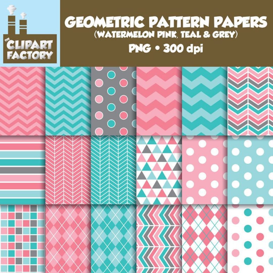 Clip Art: Geometric Patterns-watermelon Pink, Teal, Grey - 18 Digital ...