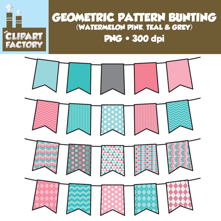Clip Art: Geometric Pattern Bunting - 10 Fun Watermelon Pink, Teal ...