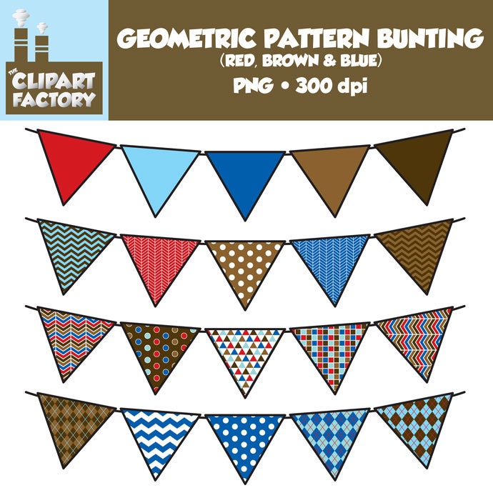 Clip Art: Geometric Pattern Bunting - 10 Fun Red, Blue, Brown Banners ...