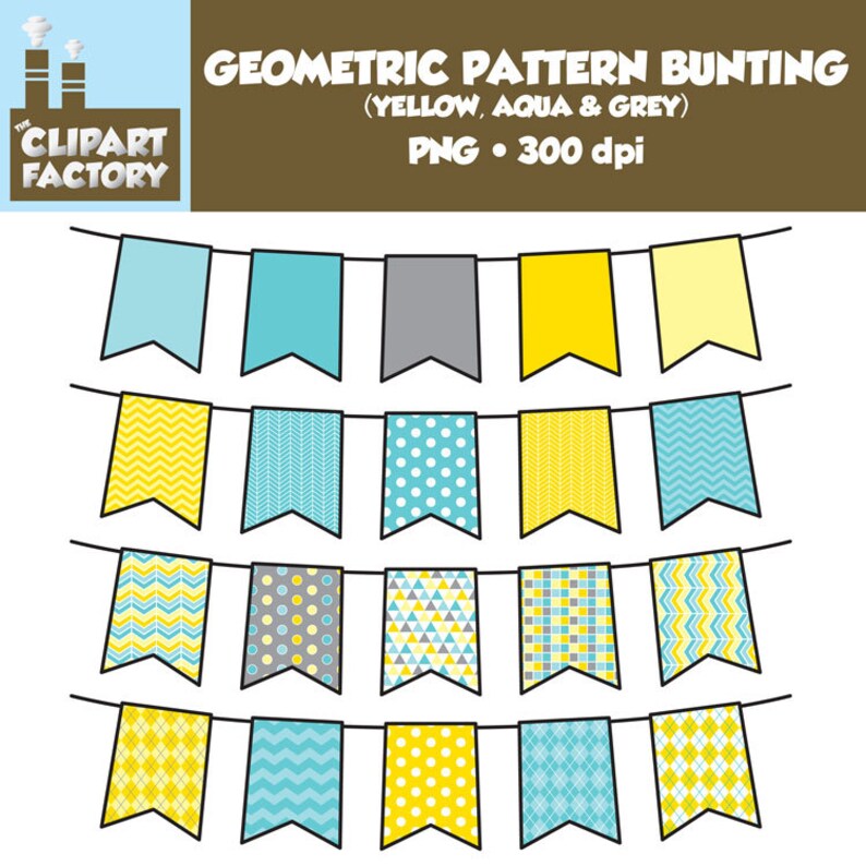 Clip Art: Geometric Pattern Bunting - 10 Fun Yellow, Aqua, Grey Banners ...