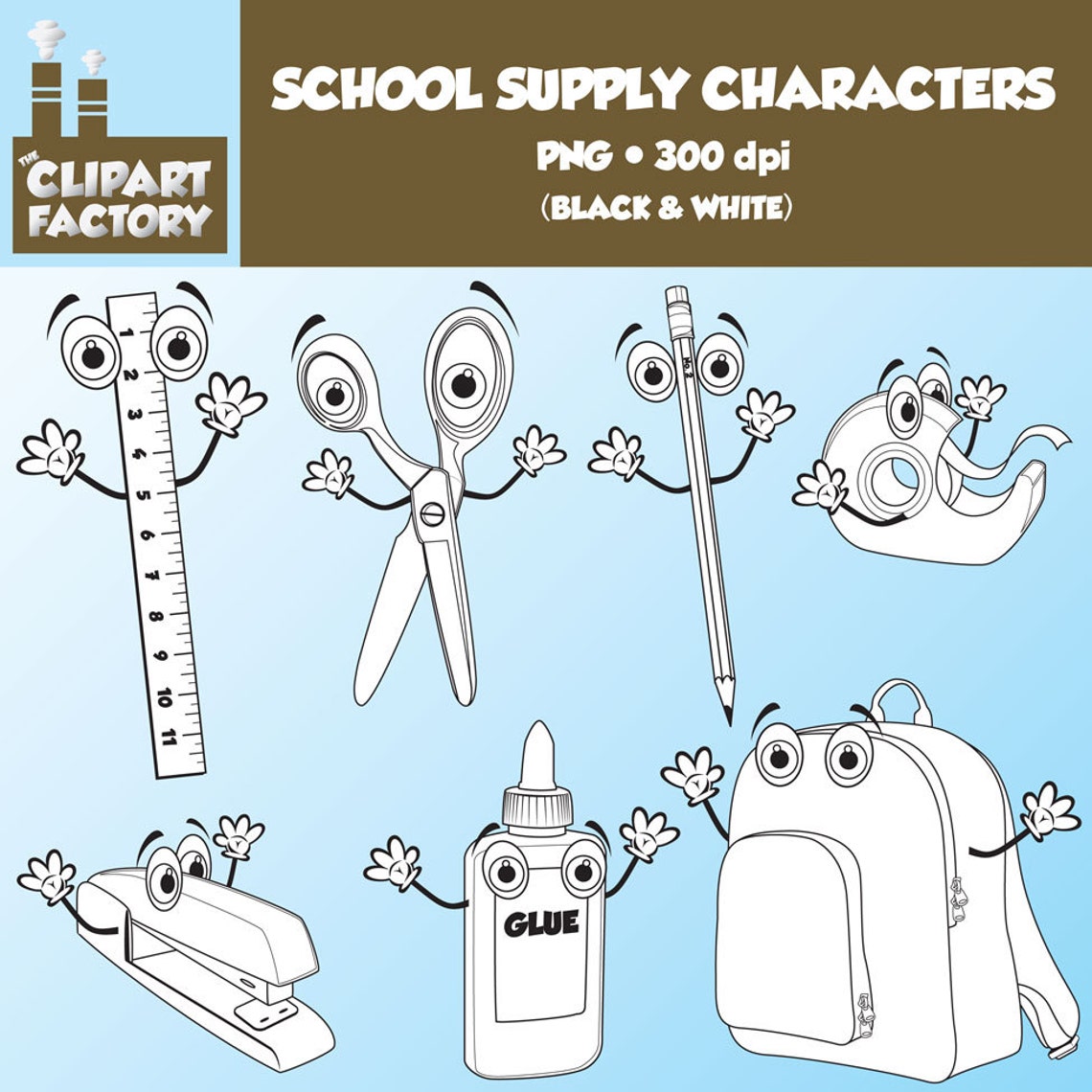 Clip Art: Fun School Supply Characters - 7 Color, 7 Black & White - Etsy