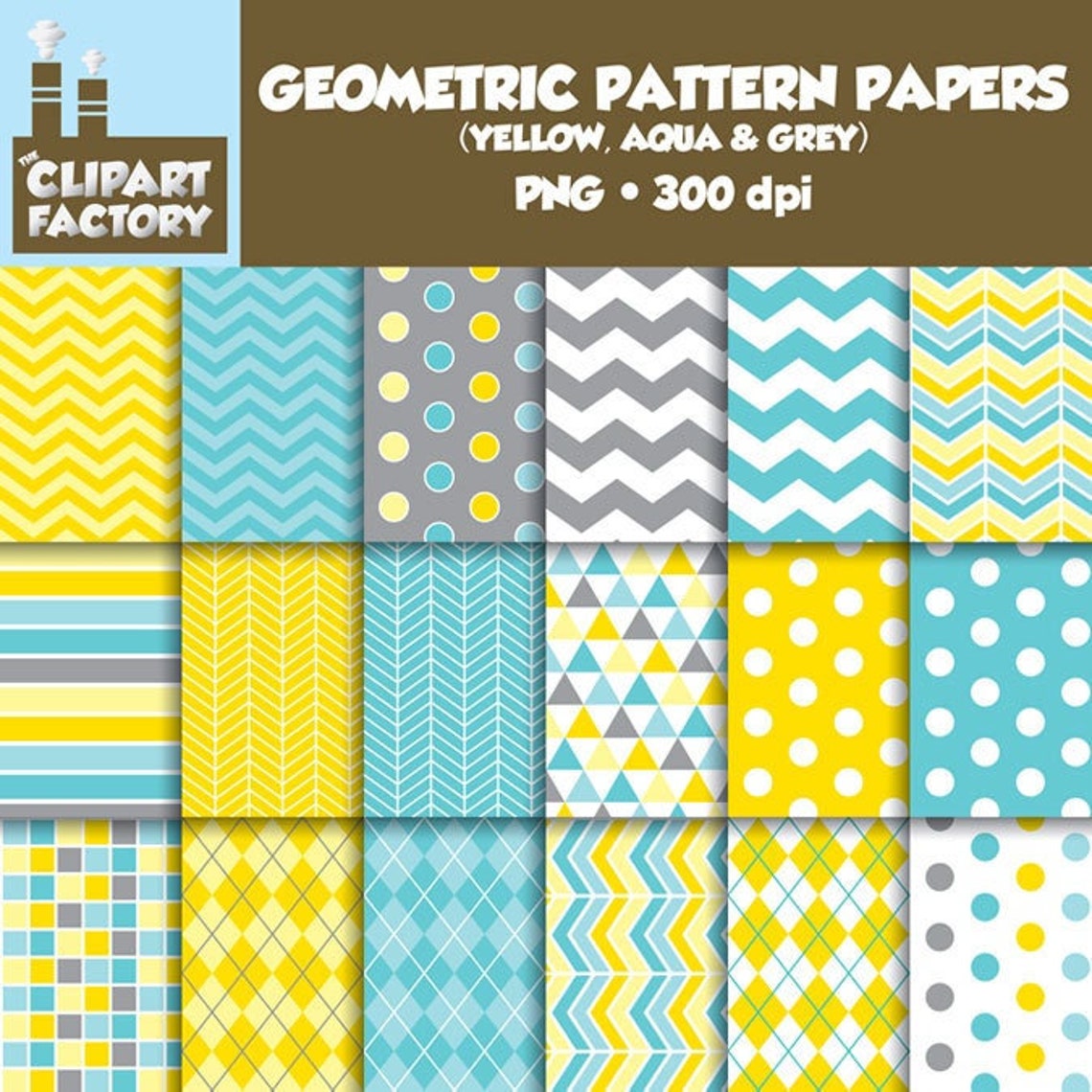 Clip Art: Geometric Patterns-yellow, Aqua, Grey - 18 Digital Papers - Etsy