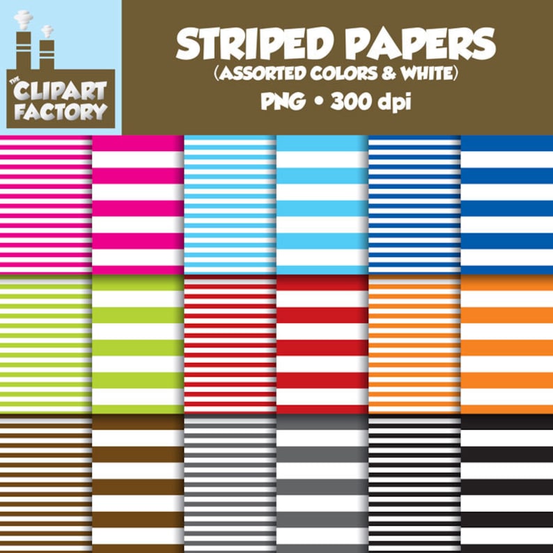Clip Art: Assorted Colors & White Striped Backgrounds - 18 Digital ...