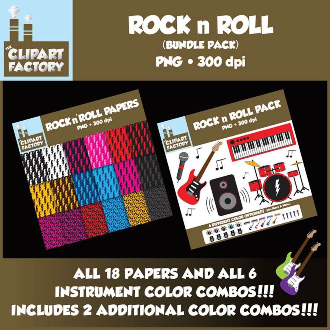 Clip Art: Rock N Roll Fun Bundle Pack - 18 Digital Papers-8 Color ...