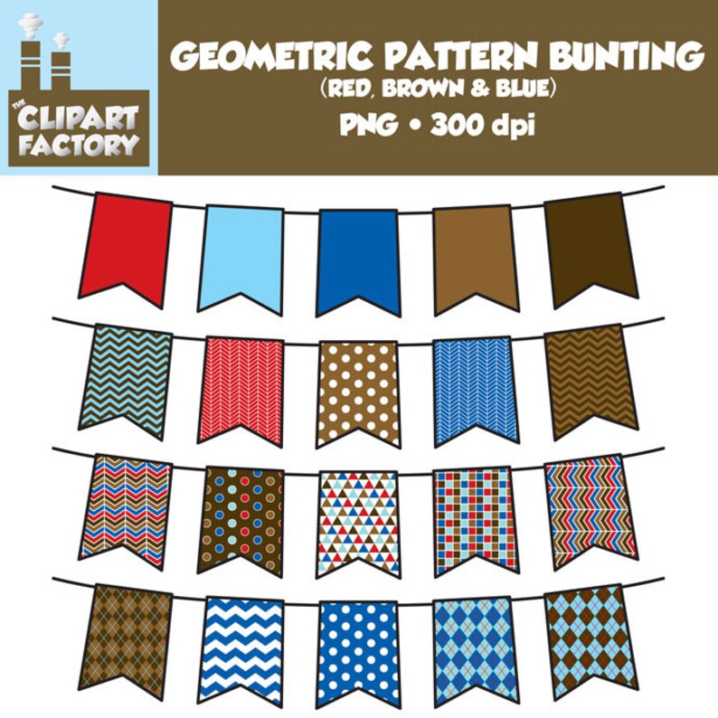 Clip Art: Geometric Pattern Bunting - 10 Fun Red, Blue, Brown Banners ...
