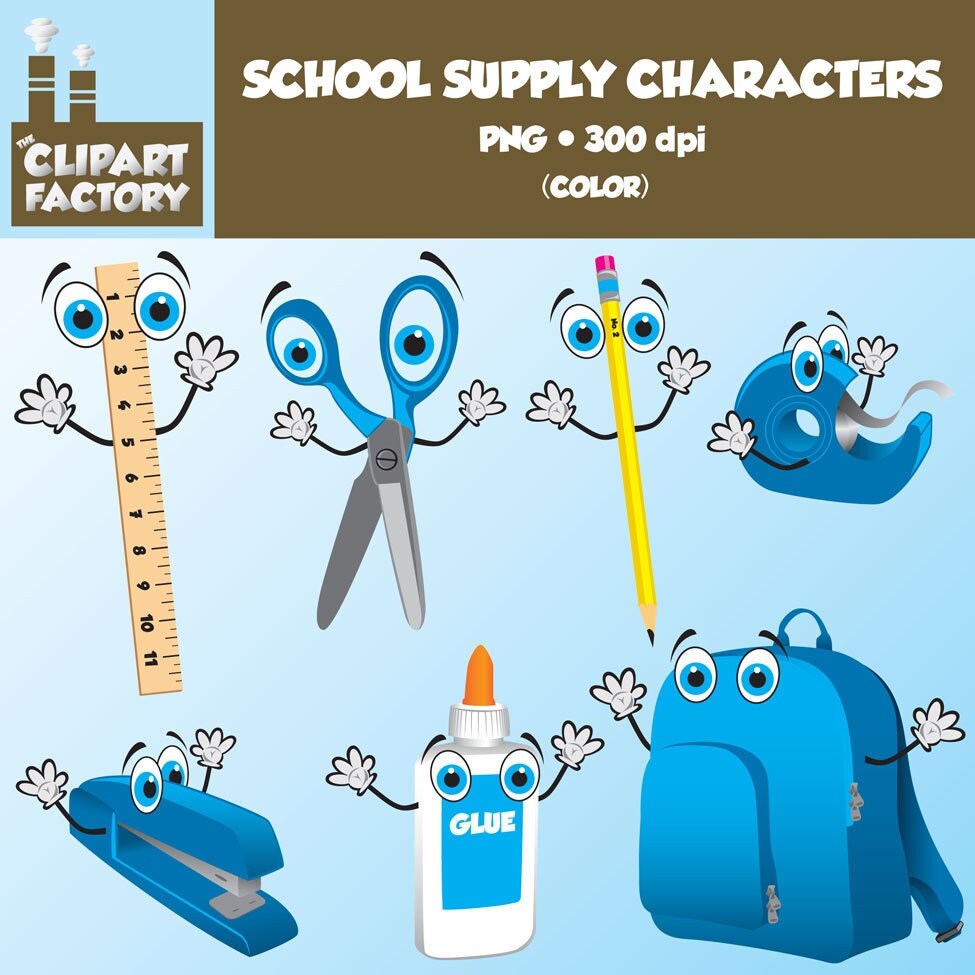 Clip Art: Fun School Supply Characters - 7 Color, 7 Black & White - Etsy
