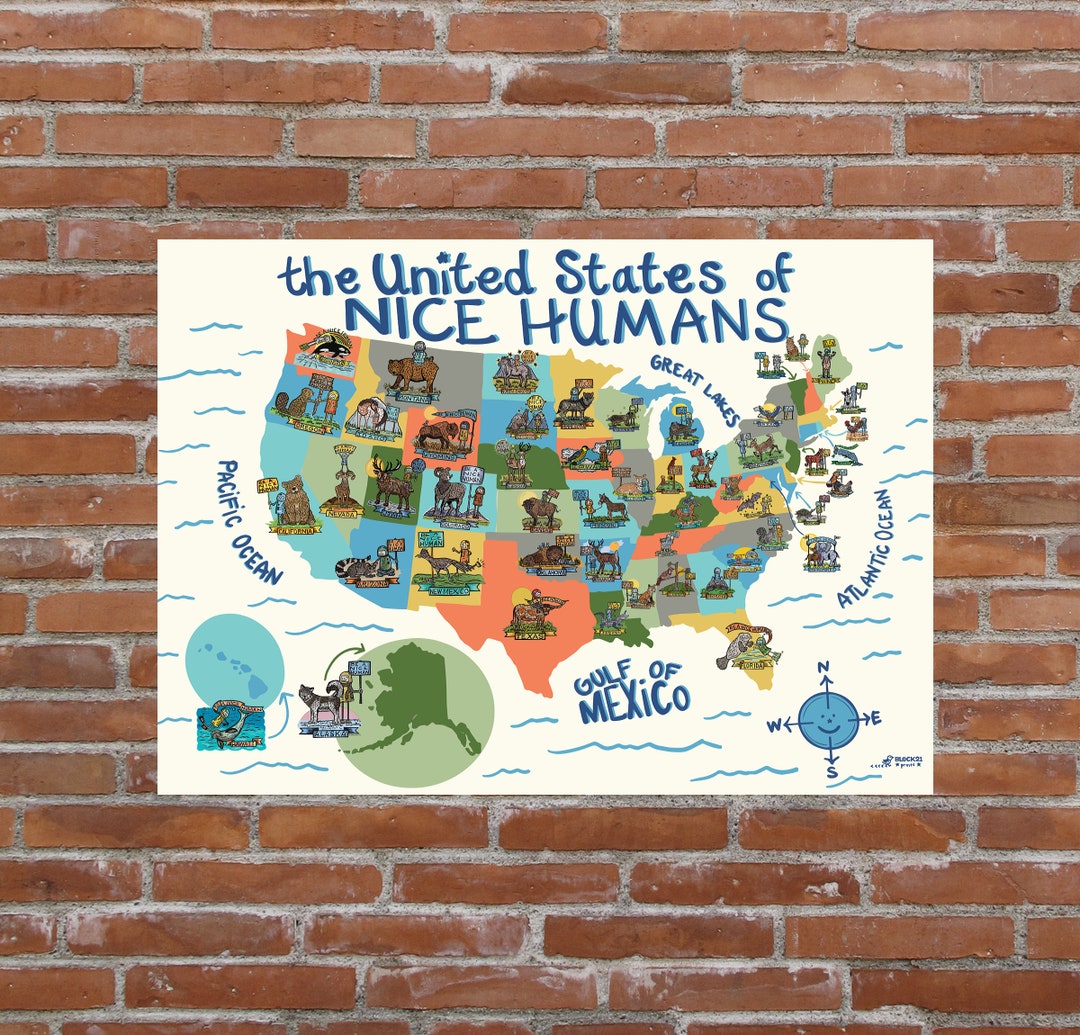 United States Map With Nice Humans Poster, Classroom Poster, Nursery ...