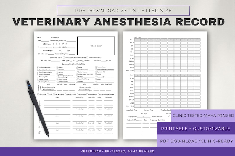 Vet Anesthesia Monitoring Sheet: Customizable Surgery Record PDF - Etsy