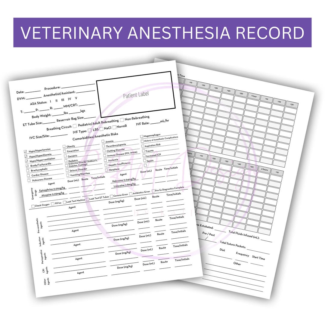 Vet Anesthesia Monitoring Sheet, Surgery Record PDF, Emergency Vet Tech ...