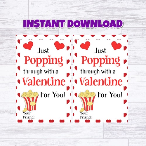 Popcorn Valentines Day Tag Printable Kids Valentine Card | Etsy