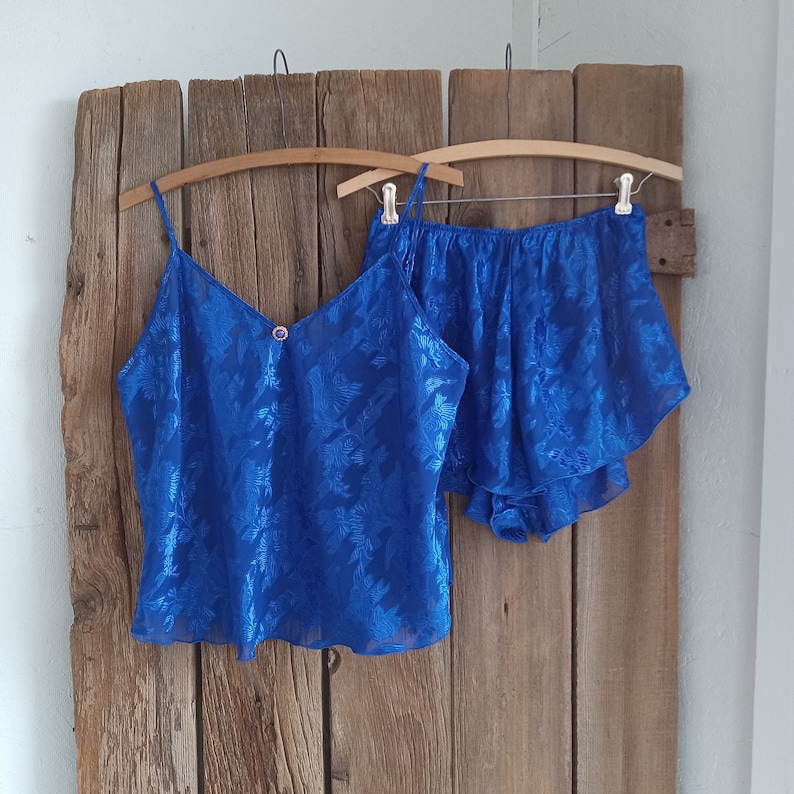 Vintage Electric Blue Floral Satin Burnout Camisole Tap Pants Knickers ...