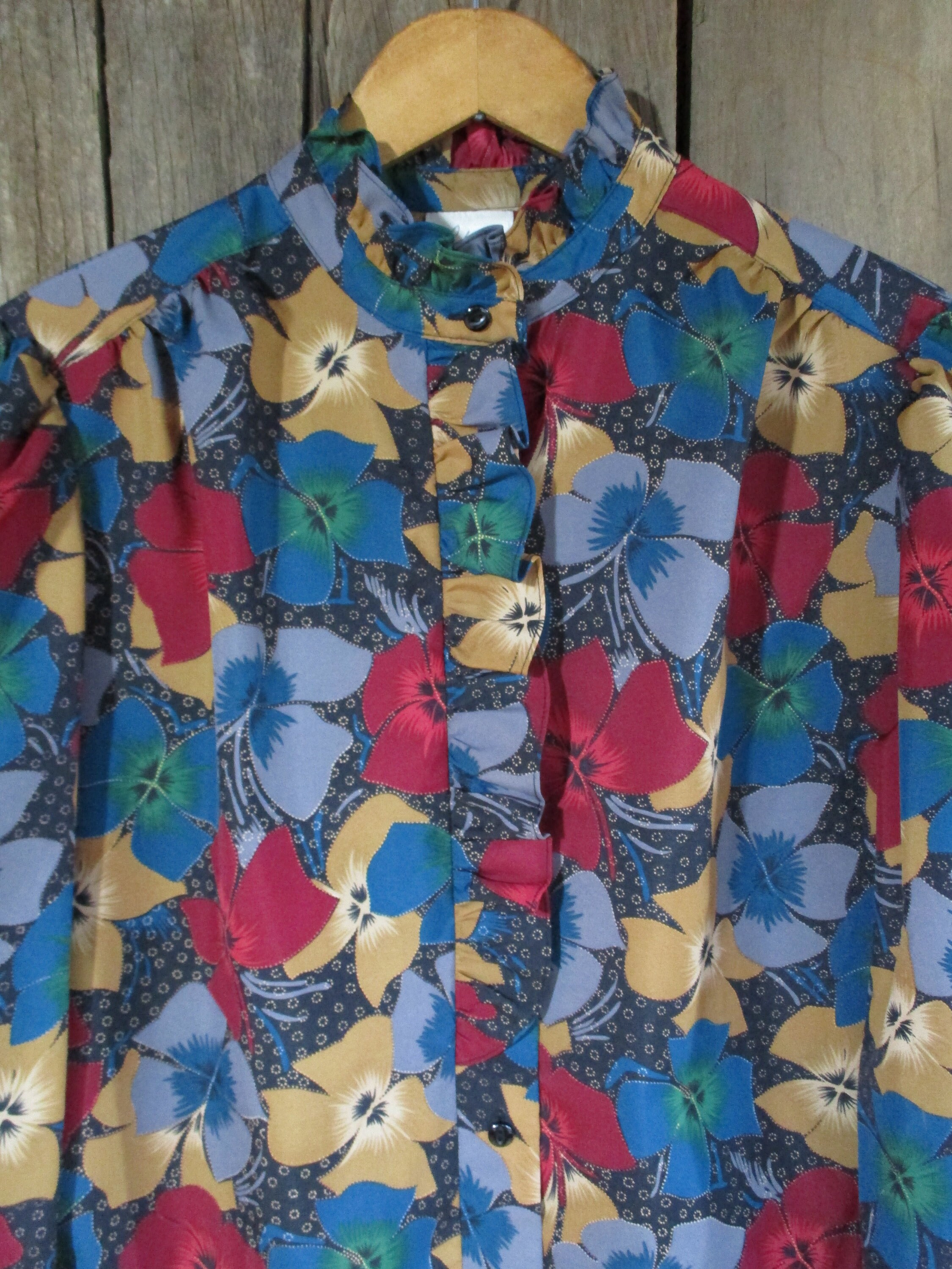 Vintage Pykettes Floral Print Blouse Womens Ruffle Collar High Neck ...