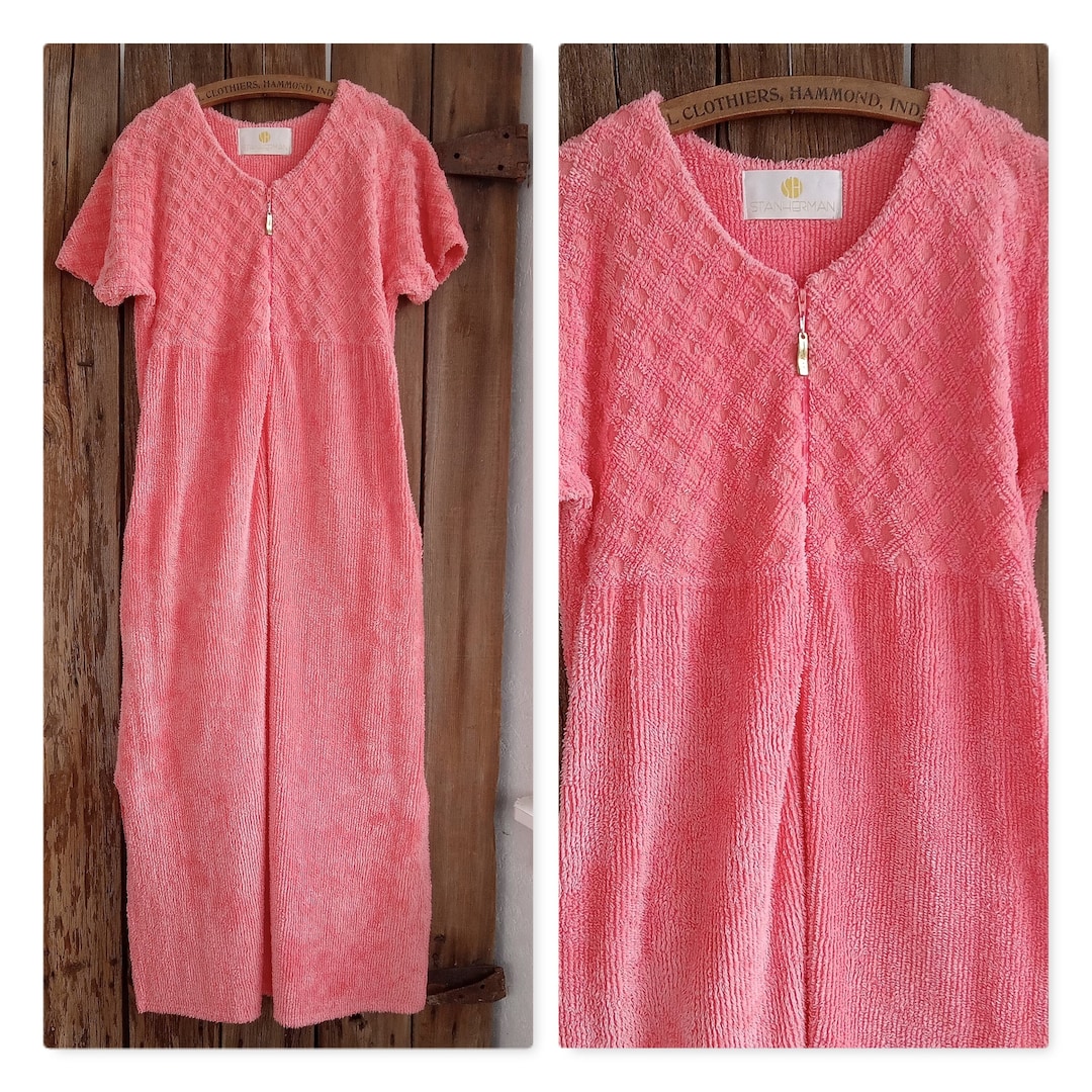 Stan Herman Vintage Salmon Chenille Robe Long Cover up Womens Large Zip ...