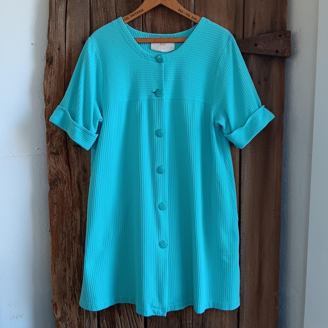 Stan Herman Vtg Green Textured Cover up Robe Womens Button Front Short ...