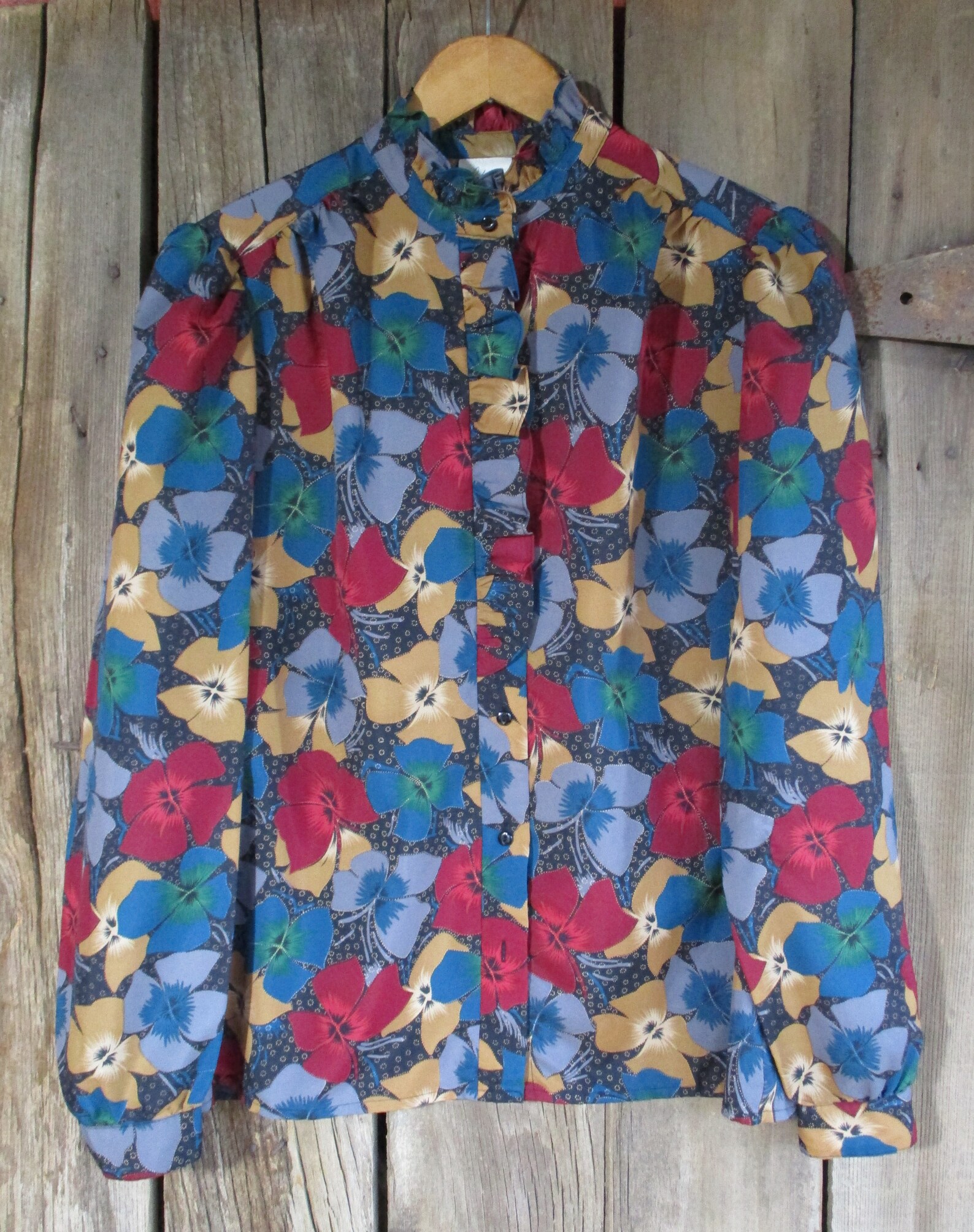 Vintage Pykettes Floral Print Blouse Womens Ruffle Collar High Neck ...