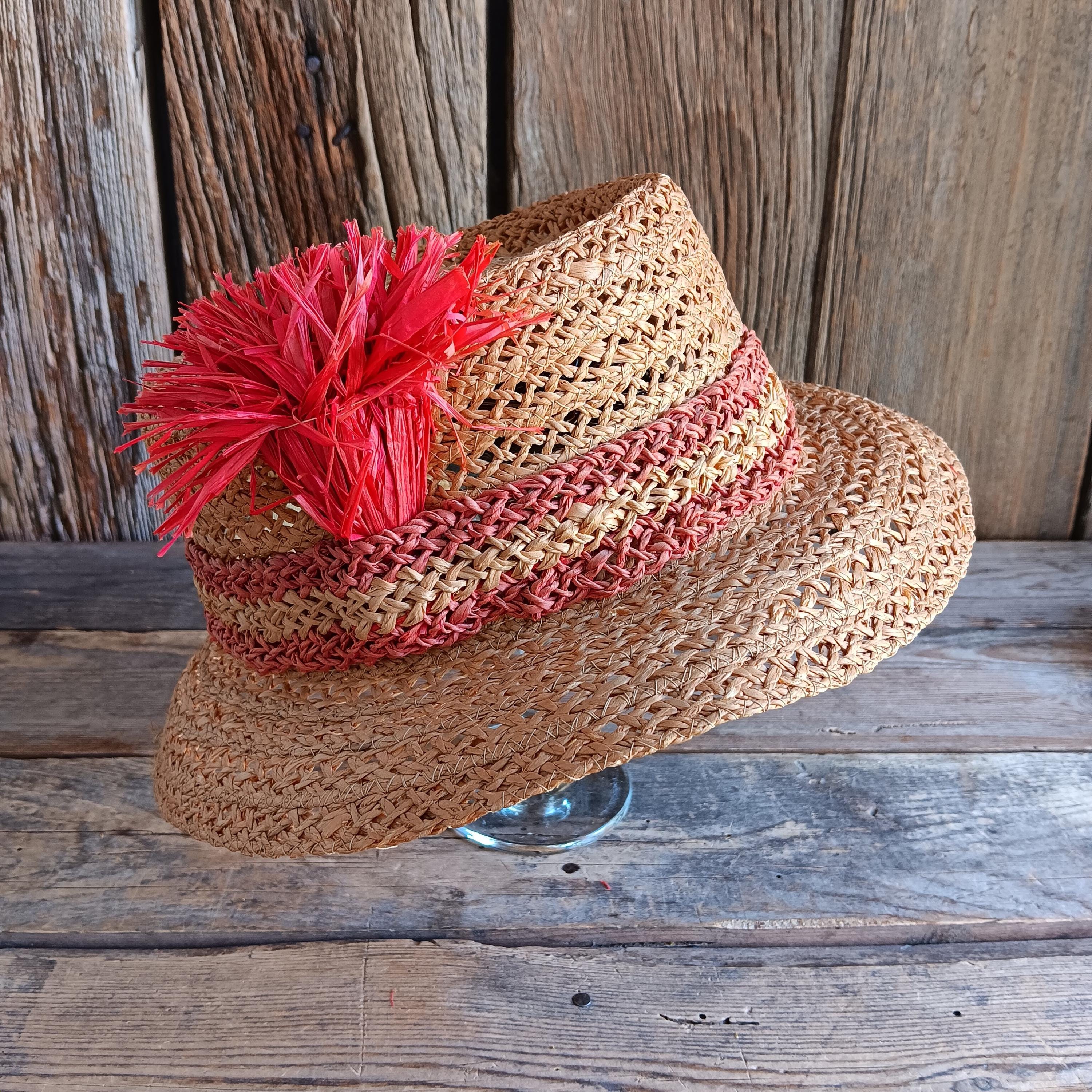 Vintage Italian Mens Raffia Straw Hat Fedora Bucket Genuine Filato ...