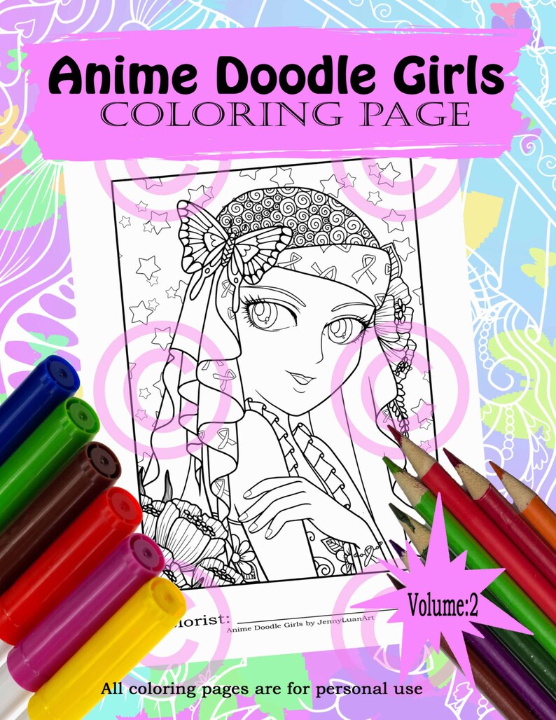 Anime Doodle Girl Coloring Page for Adult Coloring Survivor Ribbons ...