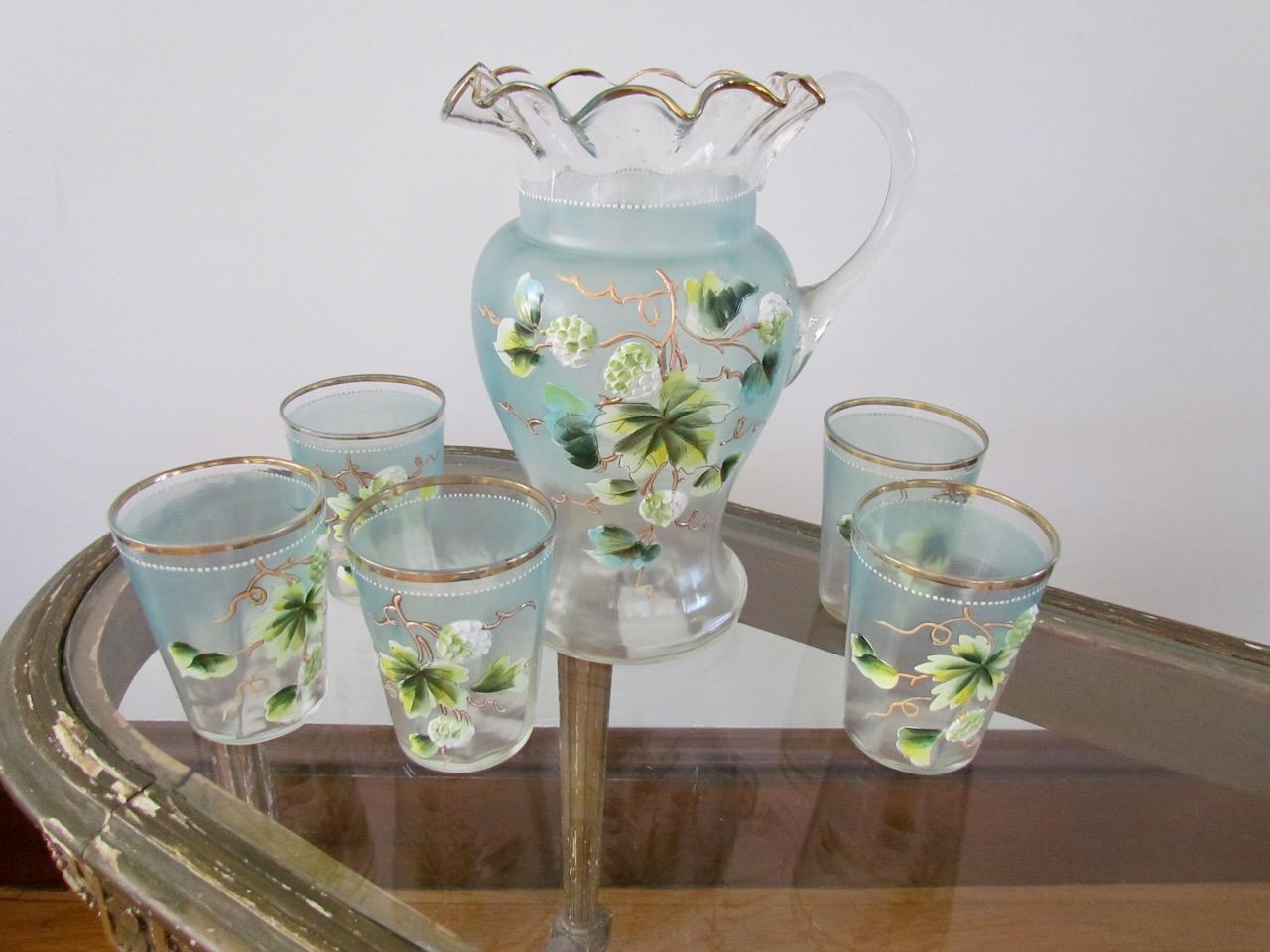 Victorian Lemonade Set Pitcher Glasses Hand Painpainted Hand Blown ...